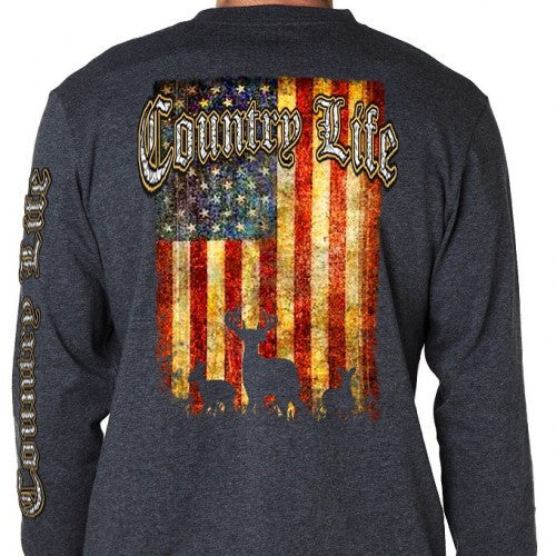 Country Life Outfitters Vintage USA Flag Deer Unisex Long Sleeve T-Shi ...